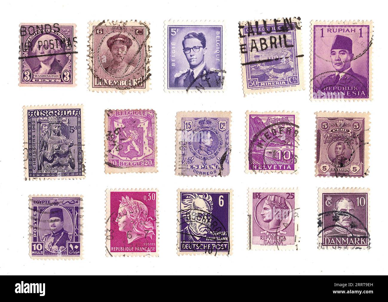 Purple vintage postage stamps from around the world on a white ...