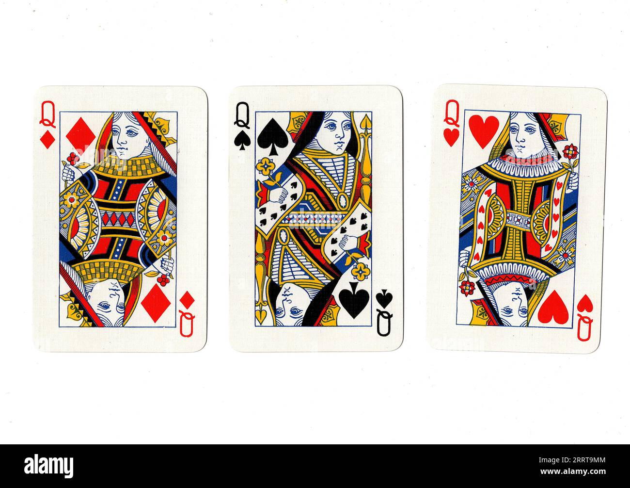 Vintage playing cards showing three queens on a white background Stock ...