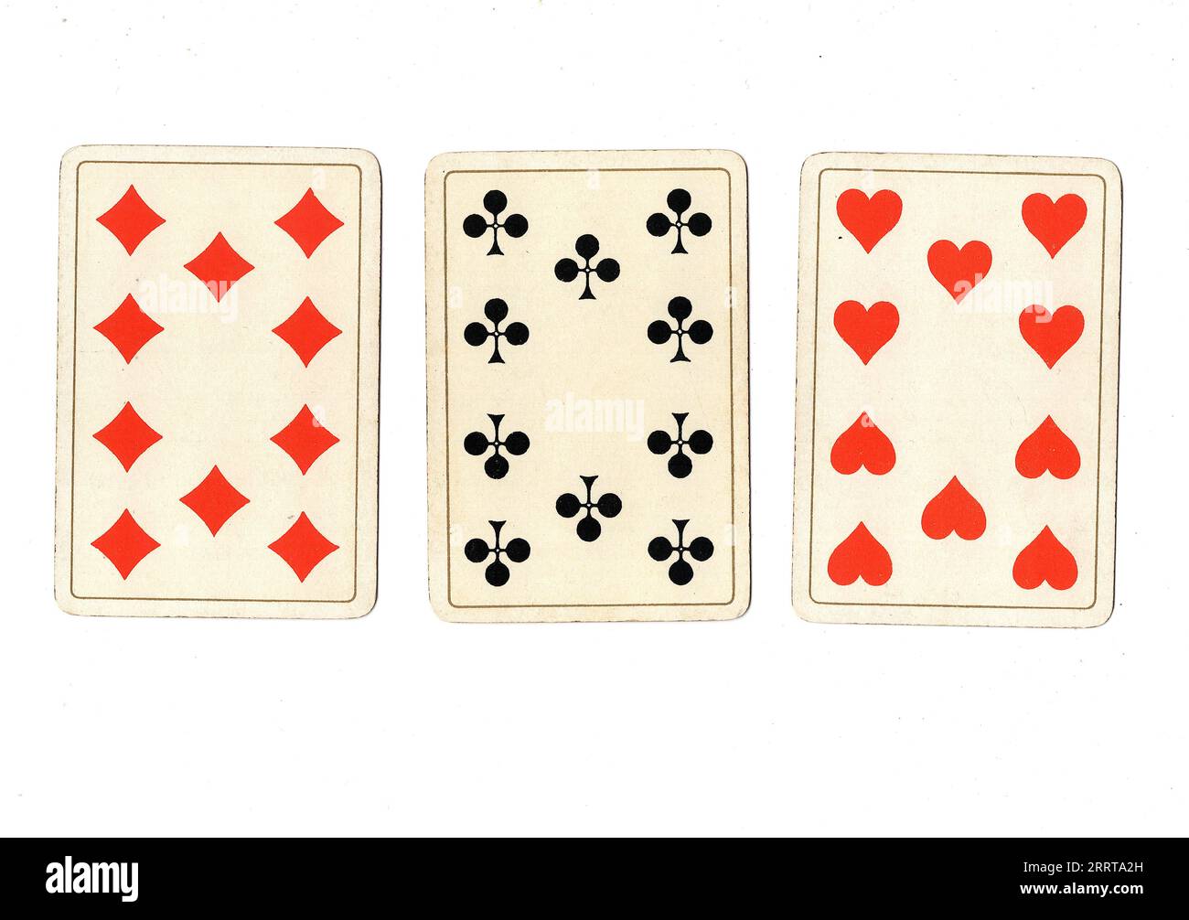 Vintage playing cards showing three tens on a white background Stock ...