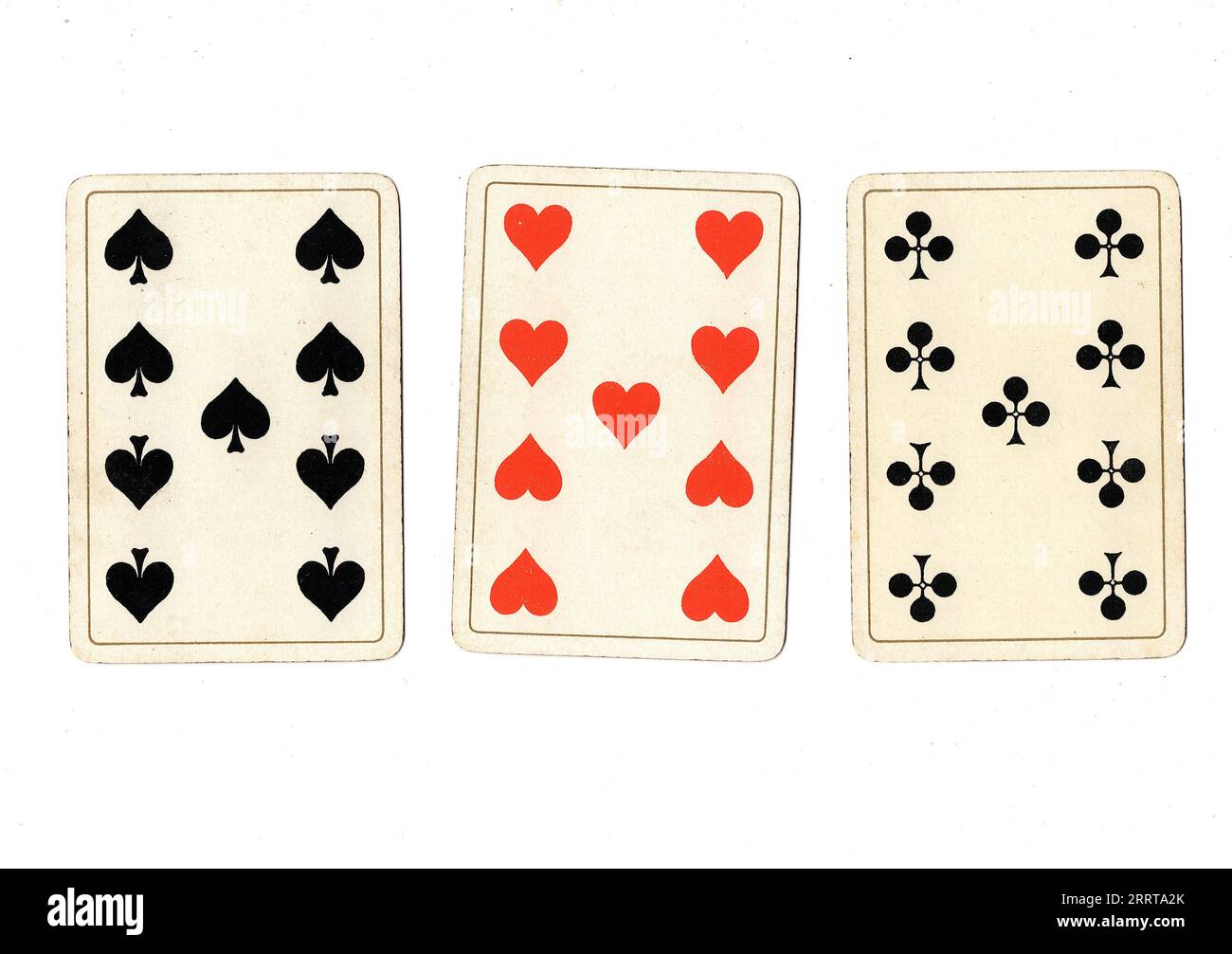 Vintage playing cards showing three nines on a white background Stock ...