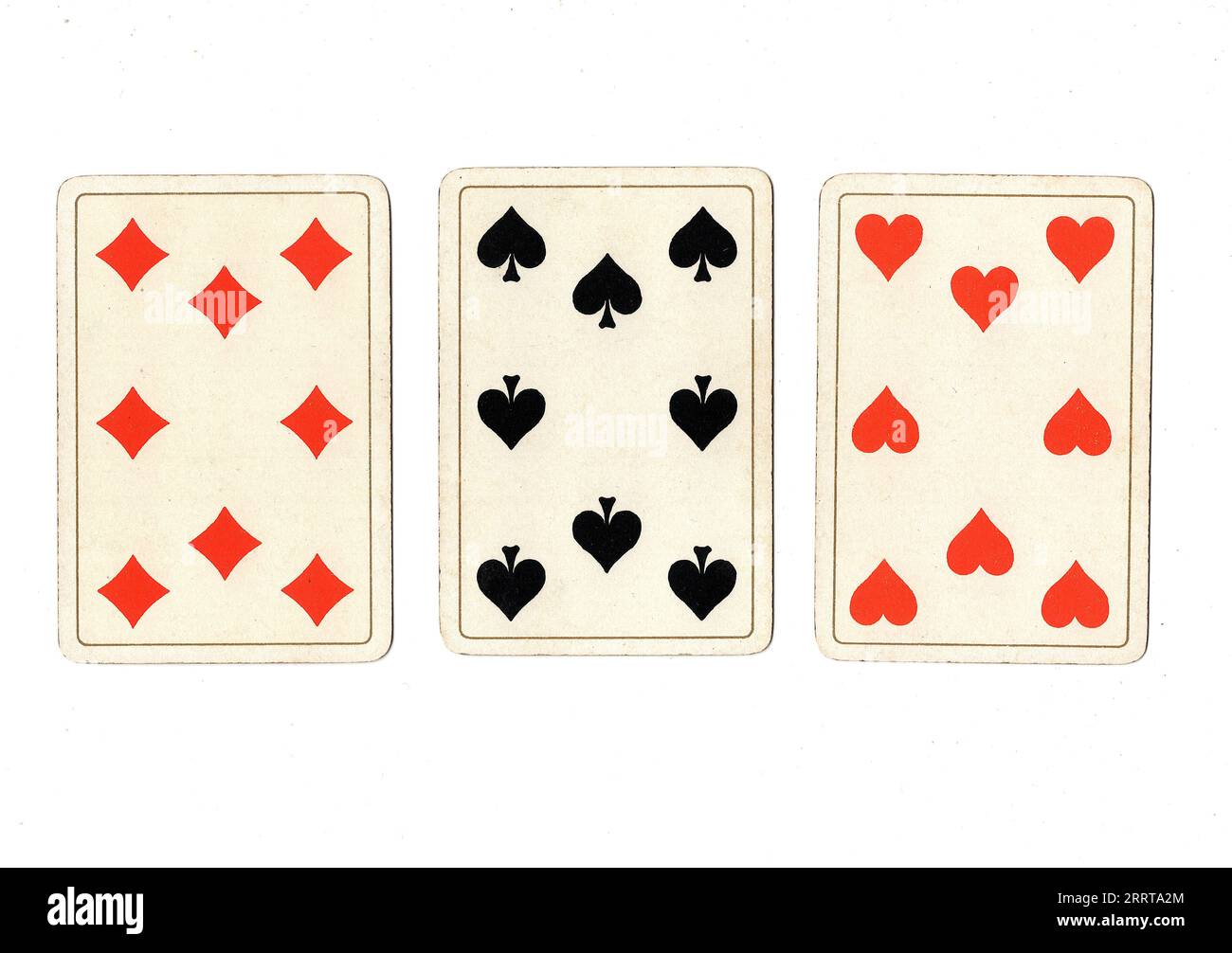 Vintage playing cards showing three eights on a white background Stock ...
