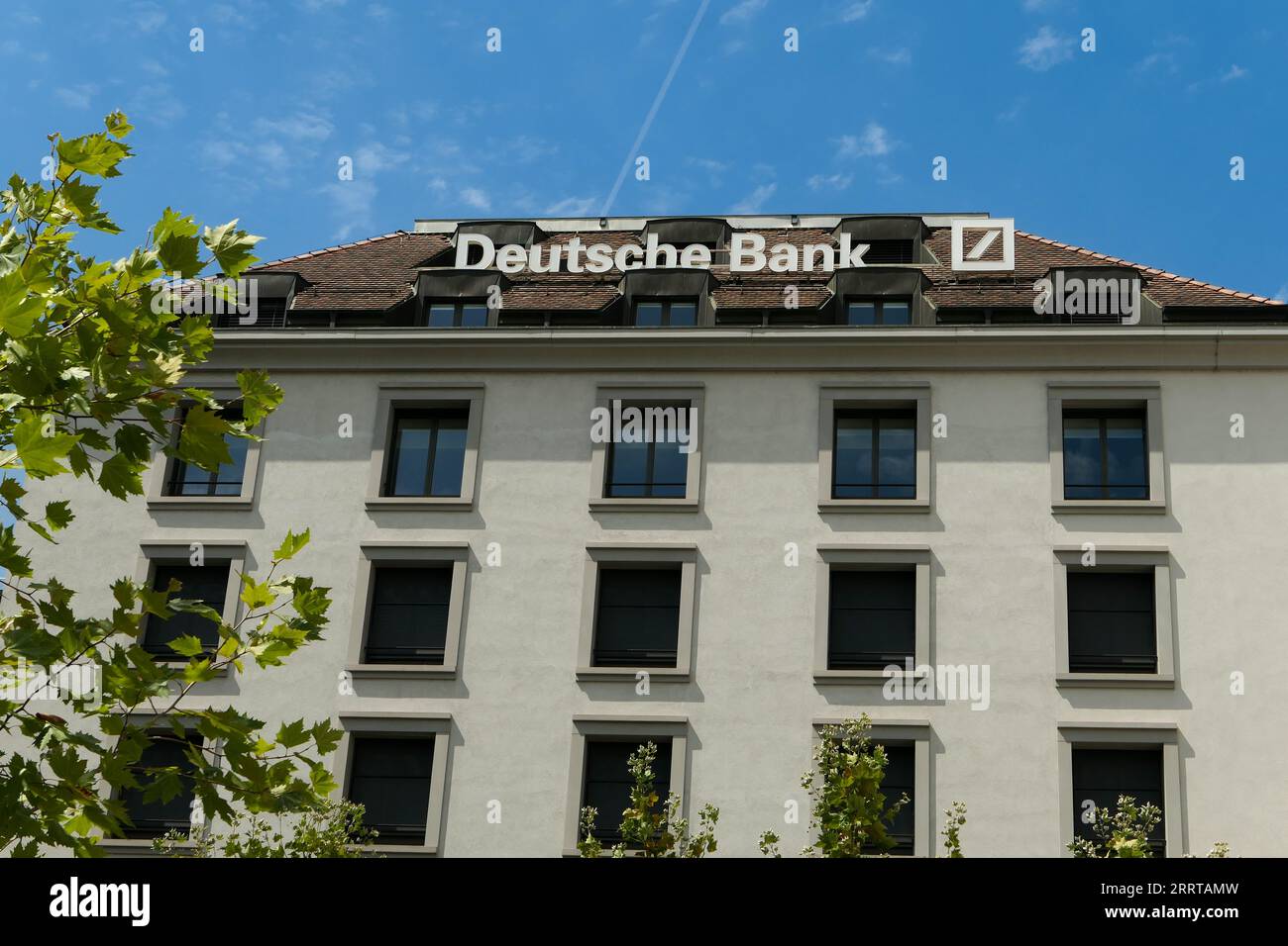 Geneva, switzerland. August 13. 2023. Deutsche Bank sign. Building of ...