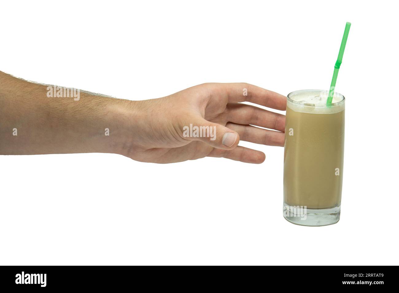 Male hand reaching to grab glass of coffee isolated on a white ...