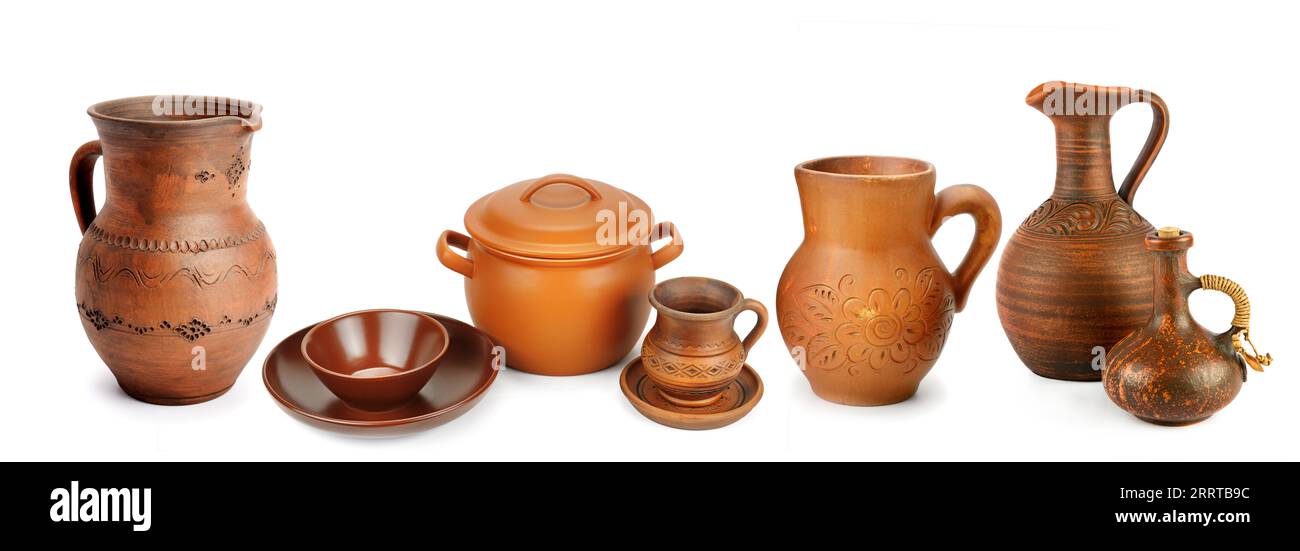 Set of earthenware isolated on white background. Wide photo. Free space ...