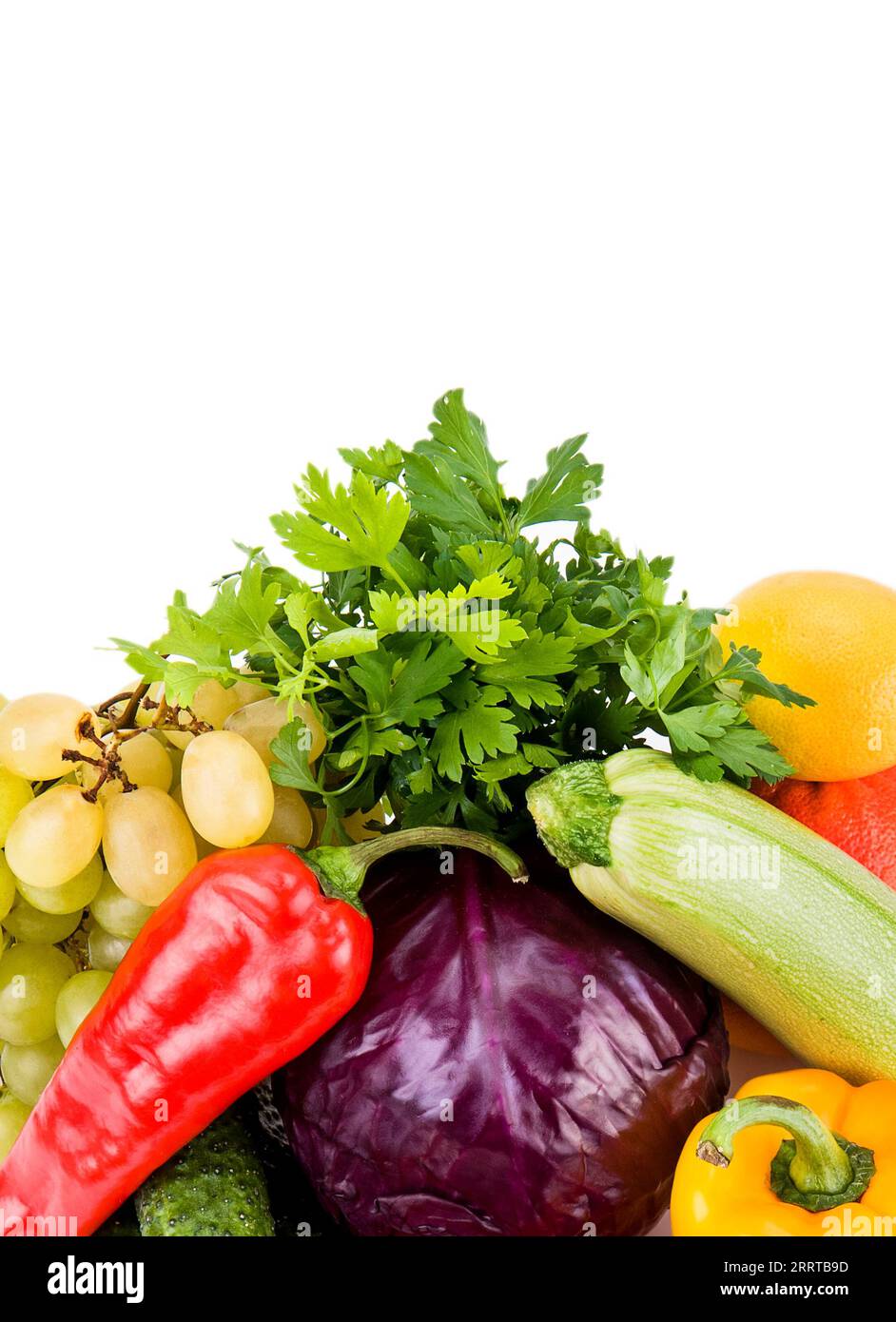 Set of fruits and vegetables isolated on white background. Free space ...