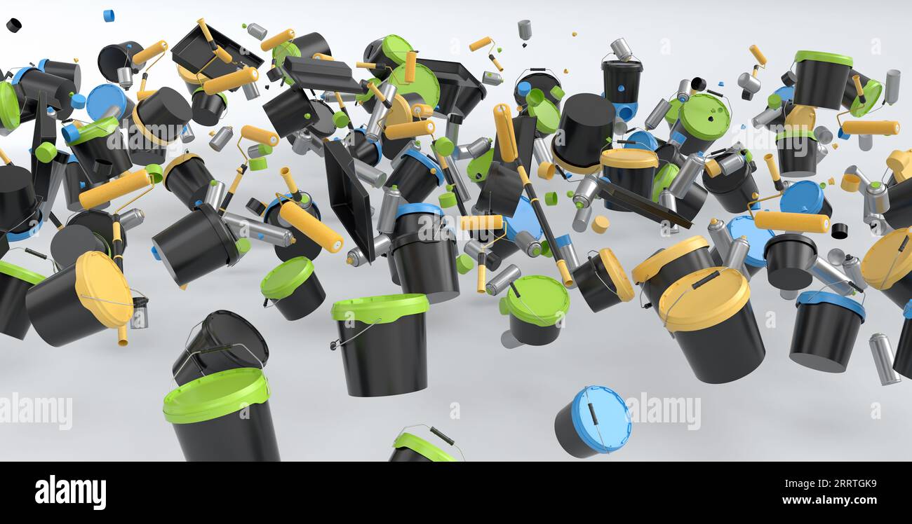 Many of flying plastic cans or buckets with paint roller, brush on ...