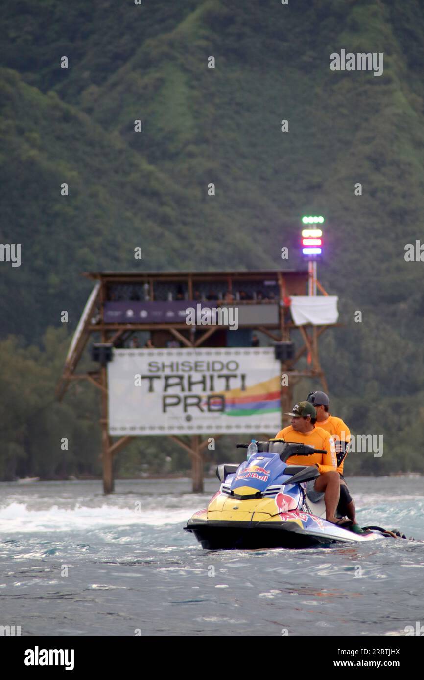 The judges' tower is seen during the Tahiti Pro surfing competition ...