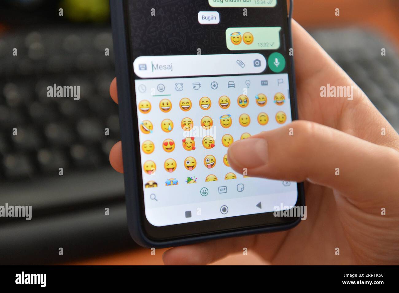 230728 -- ANKARA, July 28, 2023 -- Emojis are seen on a mobile phone in ...