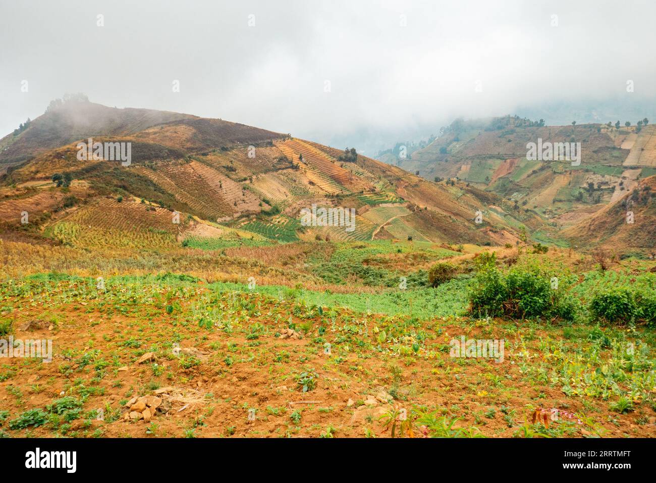 Scenic view of African Lndscape with houses and agricultural farms on ...