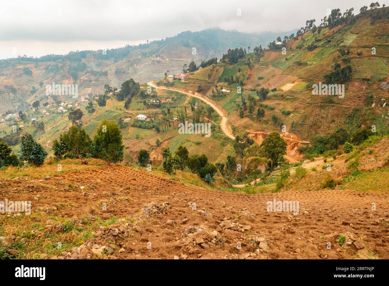 Scenic view of African Lndscape with houses and agricultural farms on ...