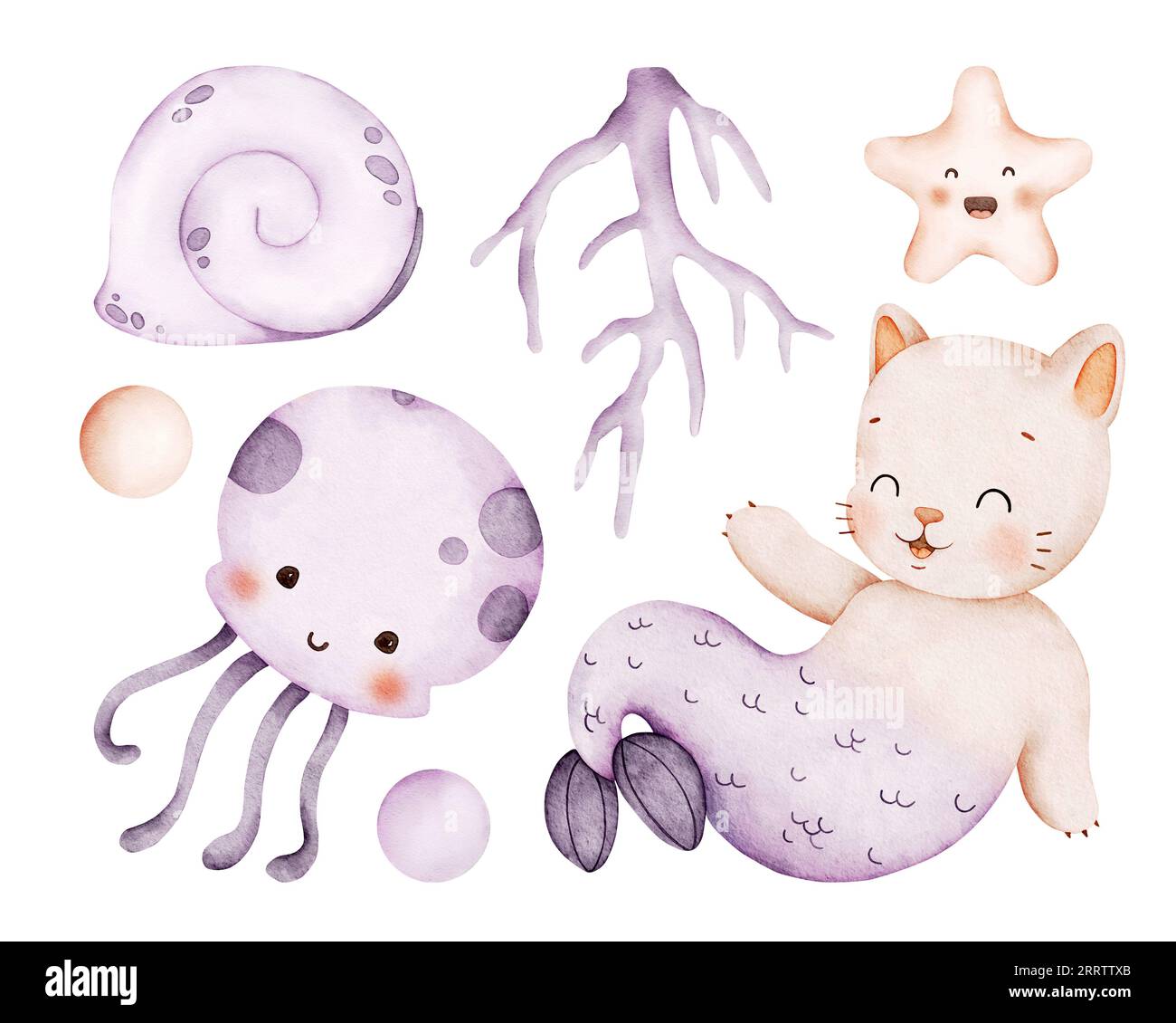 Watercolor hand drawn baby illustrations set of cat mermaid, starfish ...