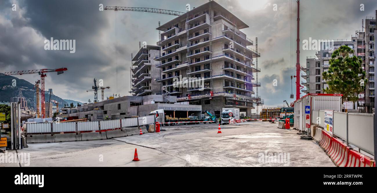 Land reclamation in a Monaco building site where concrete blocks in the ...