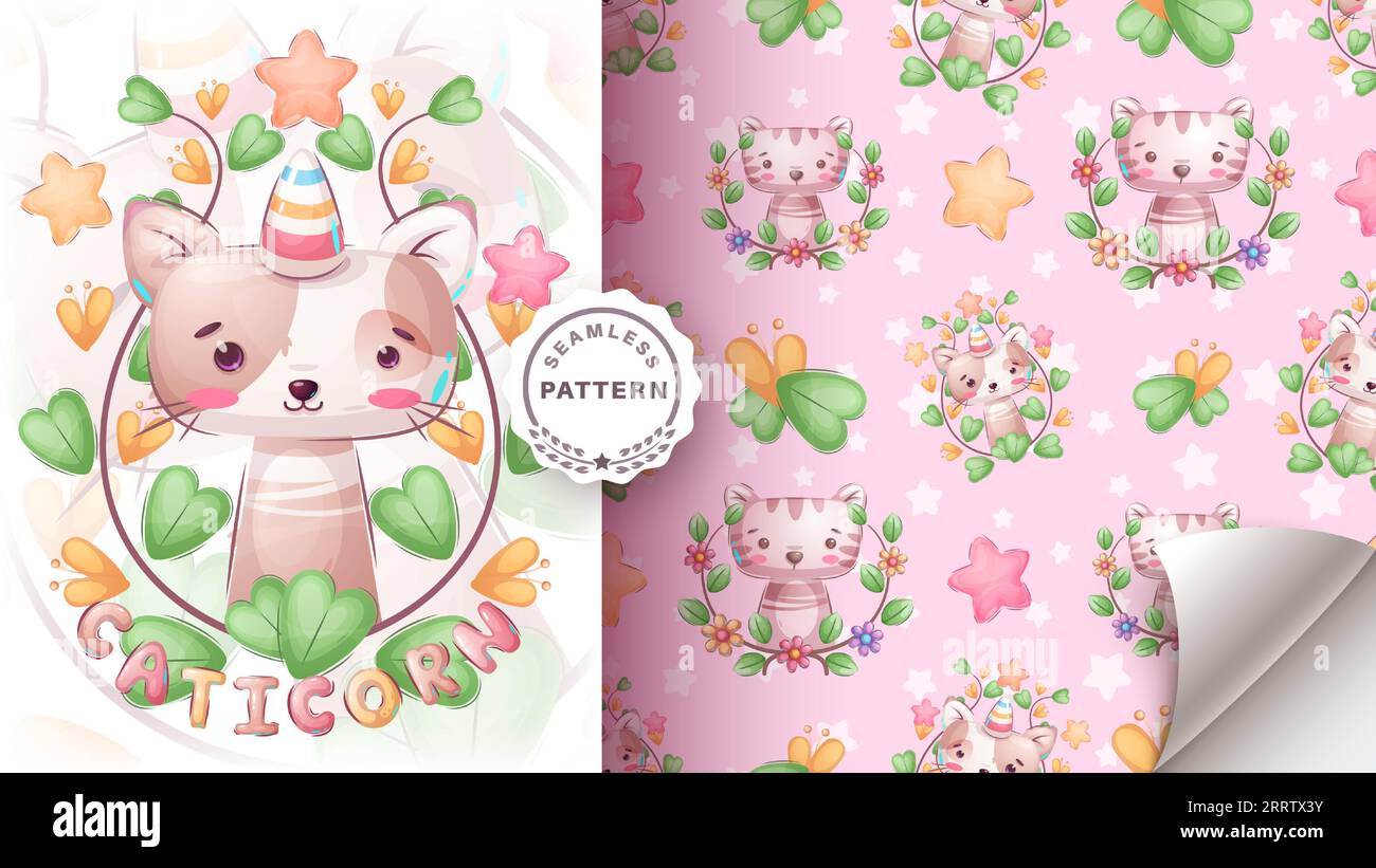 Cartoon character adorable caticorn, pretty animal idea for print t ...
