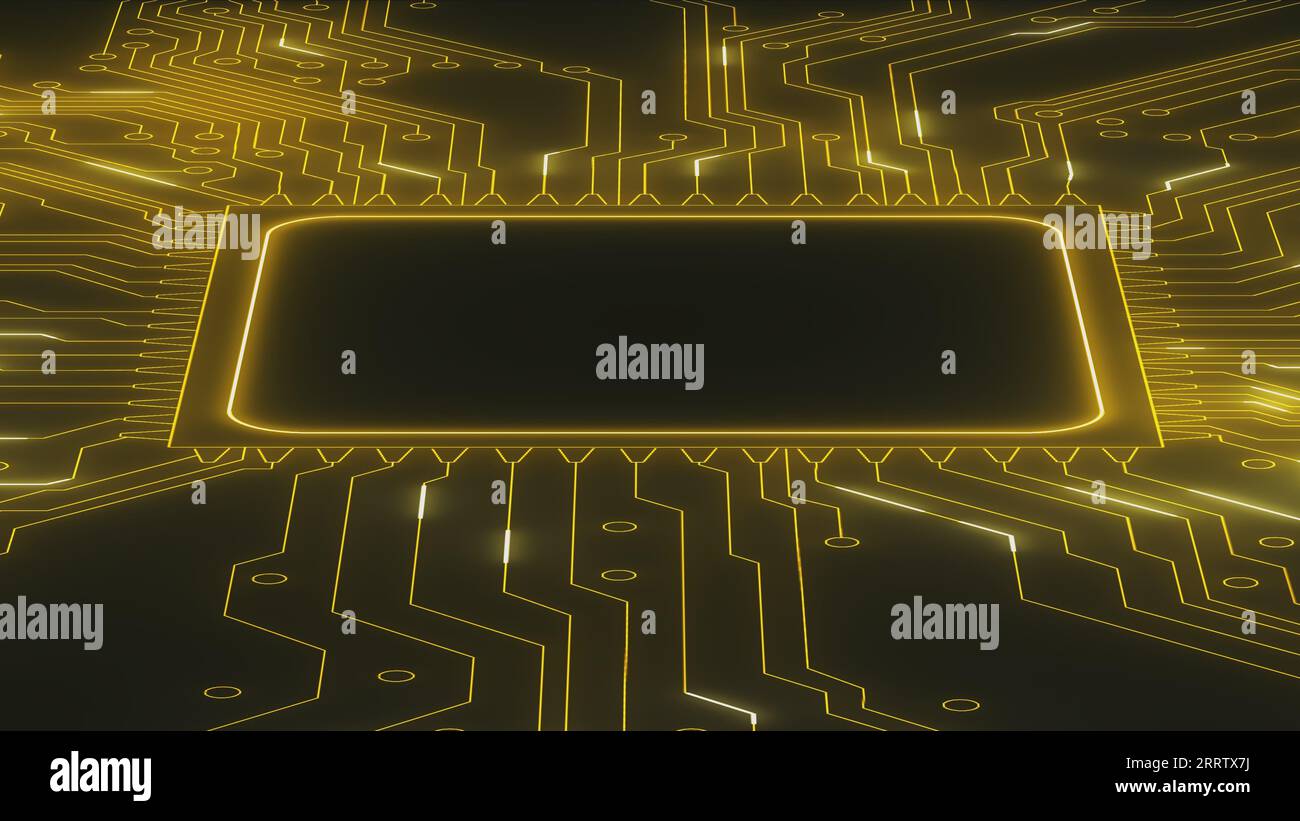 Information flows on an electronic board. Large chip with tracks on a ...