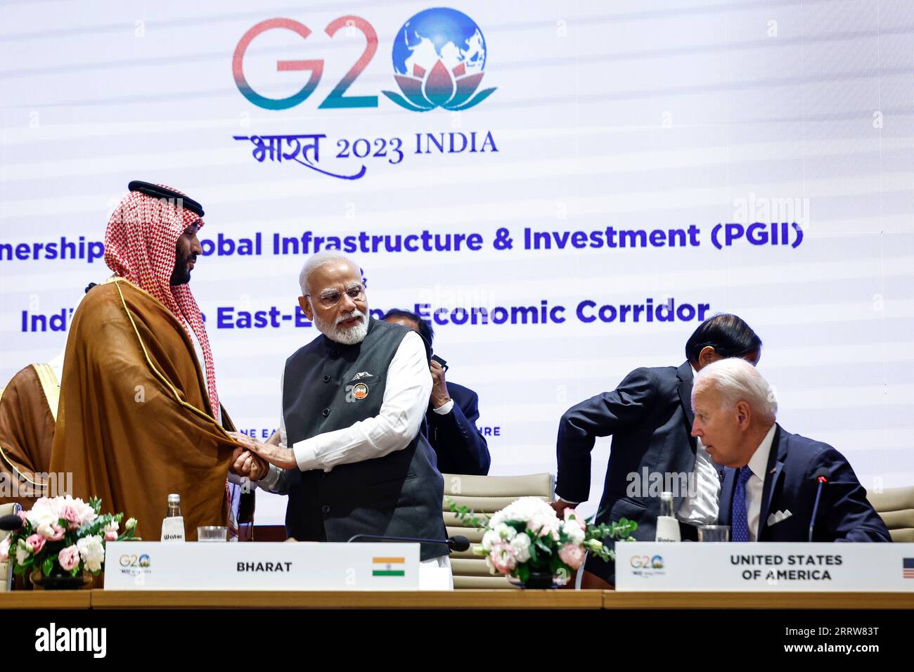 Saudi Arabian Crown Prince Mohammed bin Salman Al Saud, left, and Indian Prime Minister Narendra ...