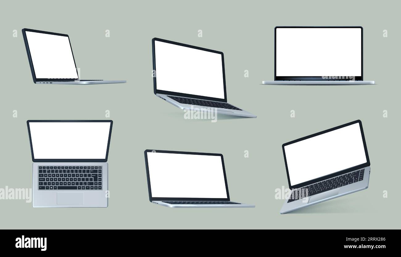 3d laptop. Isometric open computer, notebook different angles view ...