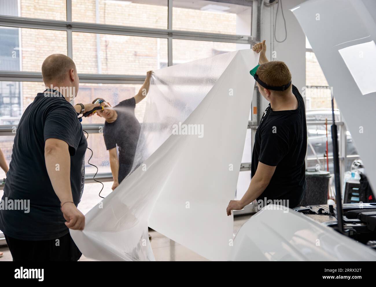 Car service worker team preparing armored protective film for applying ...