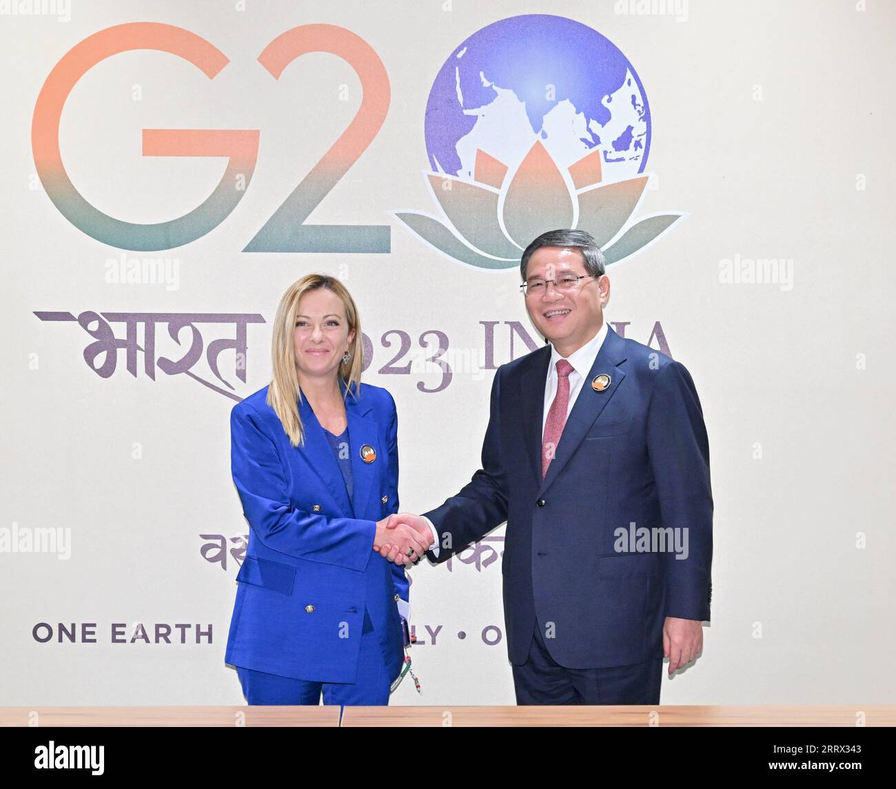 New Delhi, India. 9th Sep, 2023. Chinese Premier Li Qiang meets with Italian Prime Minister ...