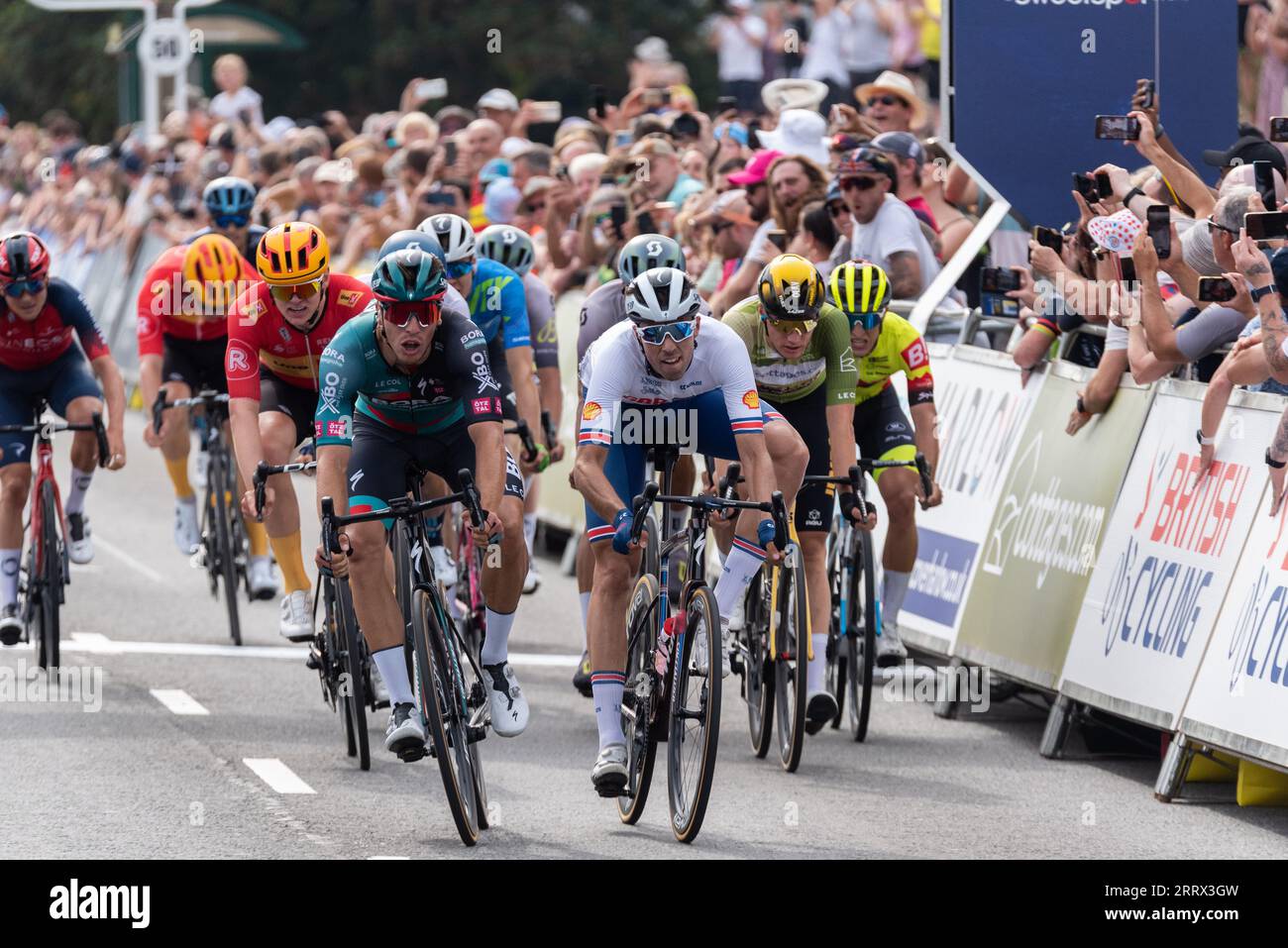 Sprint finish at Tour of Britain cycle race Stage 6 at finish in Harlow ...
