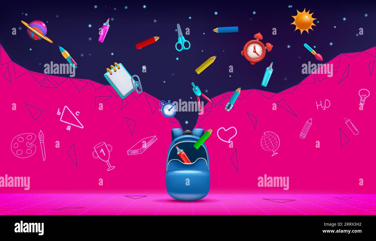 3D school background. Students learning books and stationery. Backpack ...