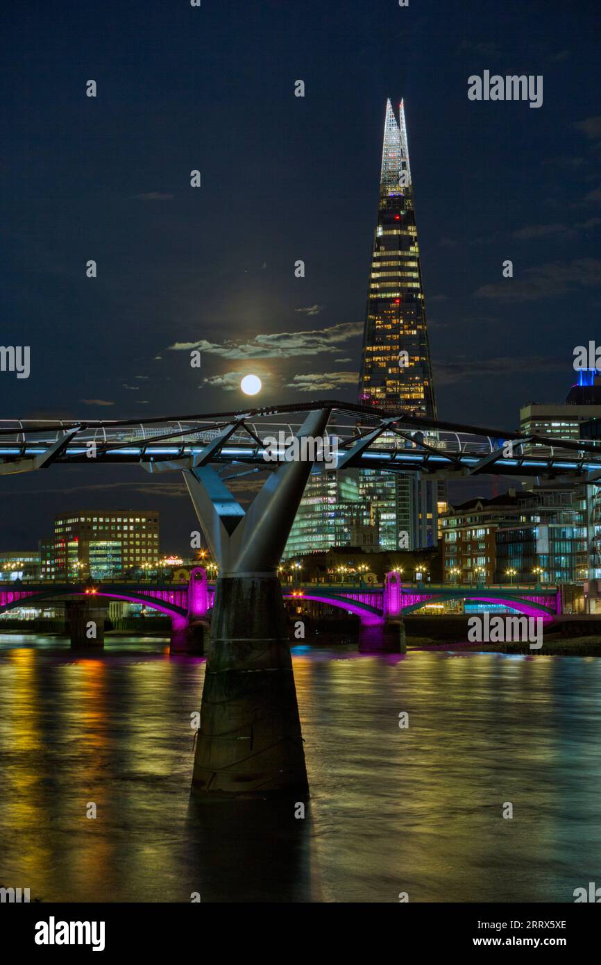 The Millennium Bridge and The Shard, blue supermoon, London 30th August ...