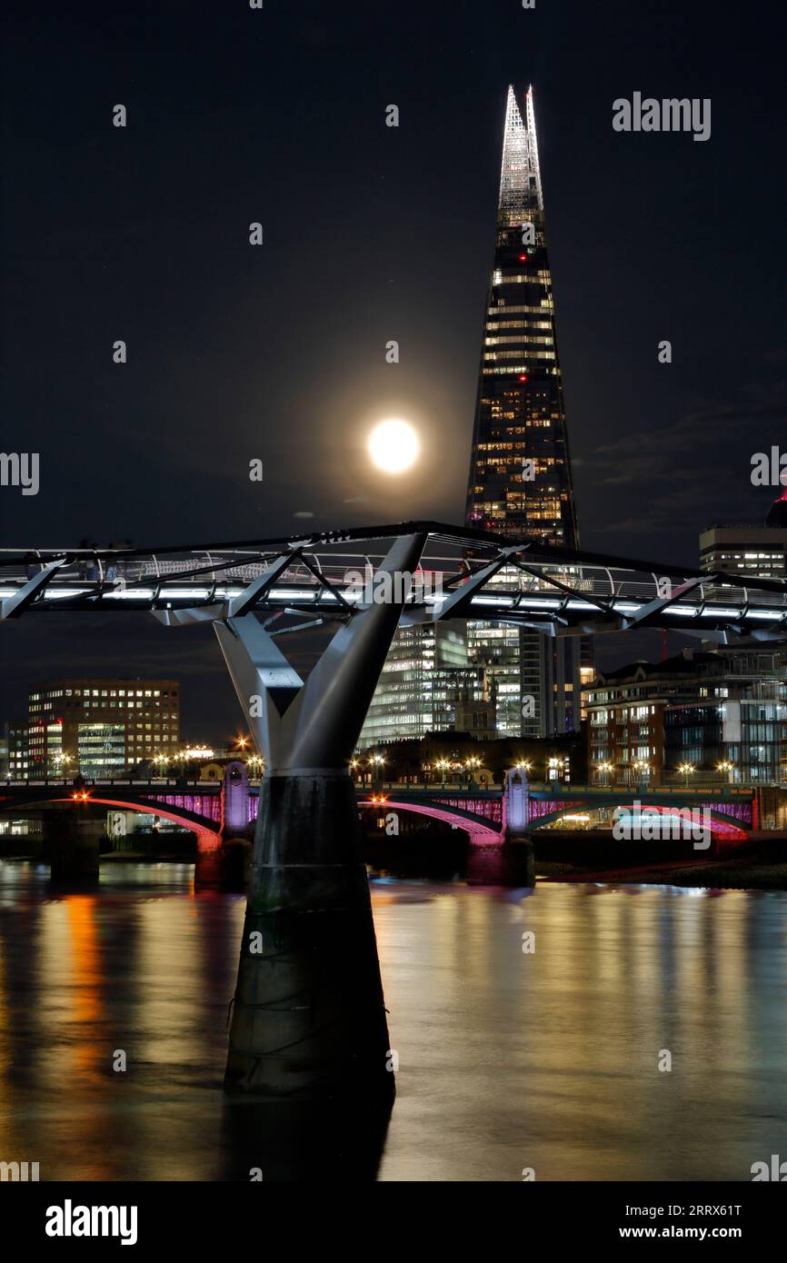 The Millennium Bridge and The Shard, blue supermoon, London 30th August ...
