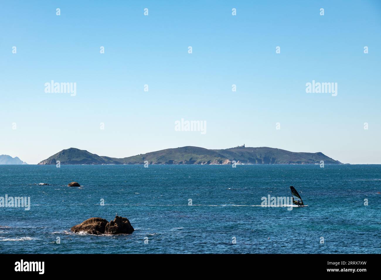 Ons island in the Ría de Pontevedra in Galicia, Spain, on a clear ...