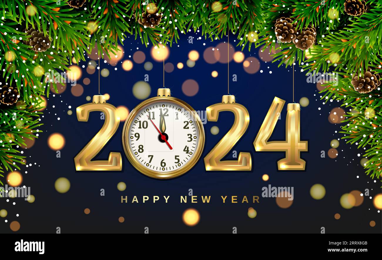 Christmas card with fir border numbers 2024 and clock. On a dark background with bright bokeh ...