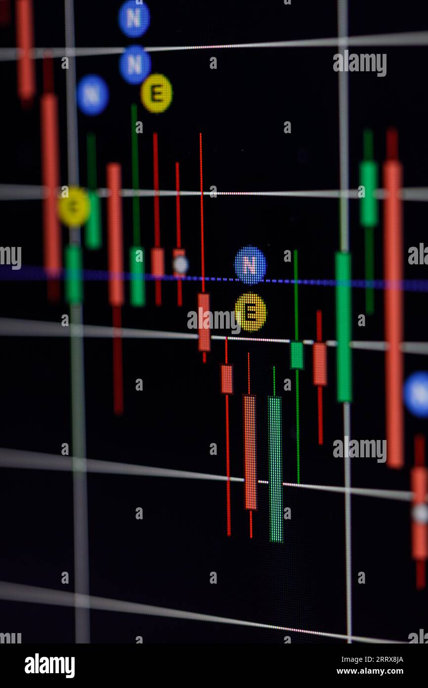 Detail of screen with candlestick chart on dark background. Forex ...