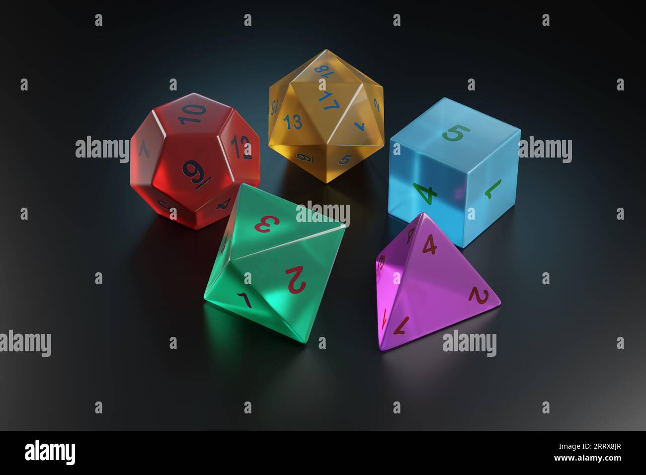 Roleplaying dice in the shape of platonic solids. 3d illustration Stock ...