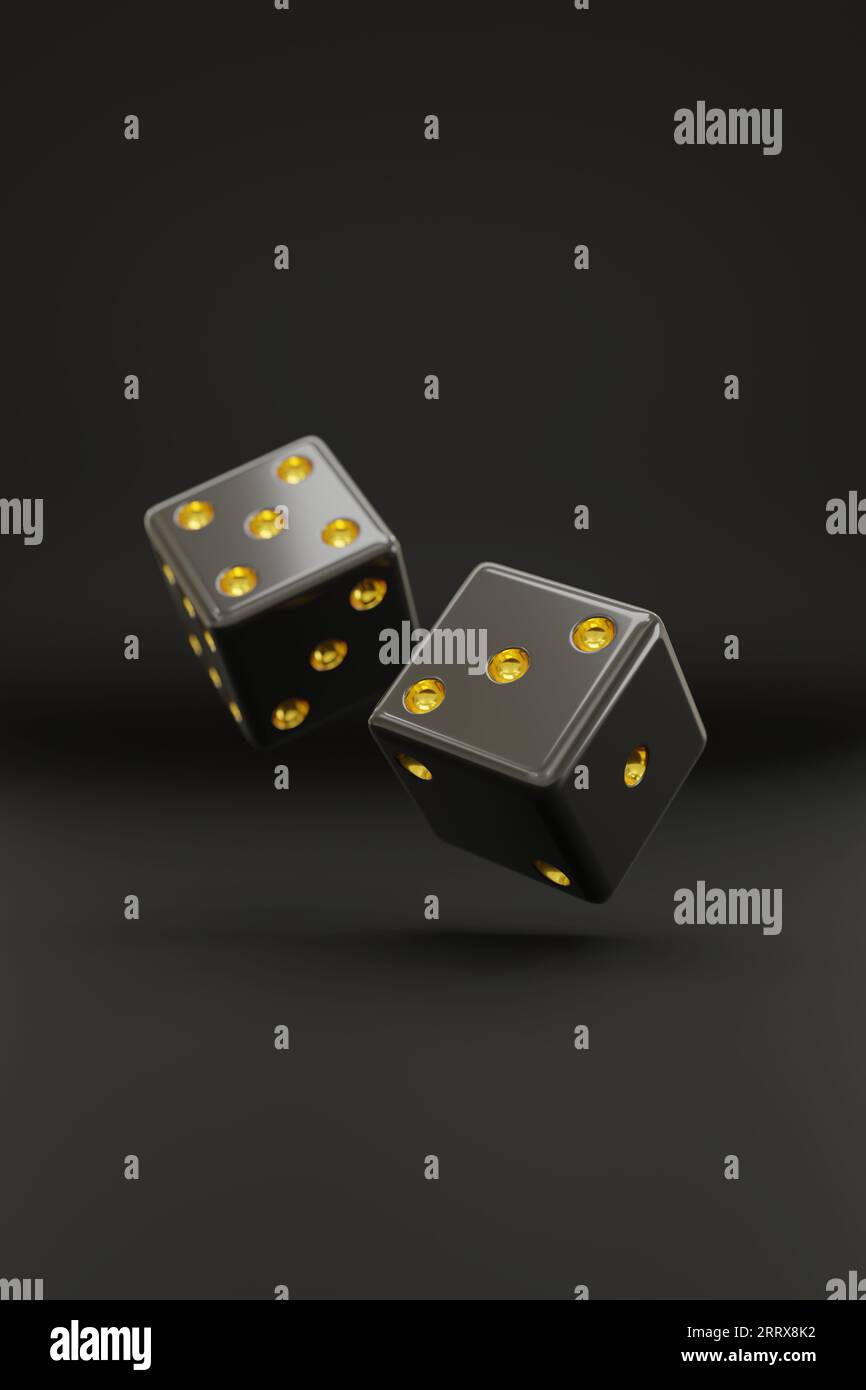 Two black dice with gold dots floating on a black background. 3d ...