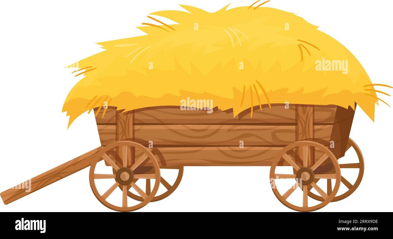 Wooden cart with hay. Cartoon golden straw in wagon isolated on white ...
