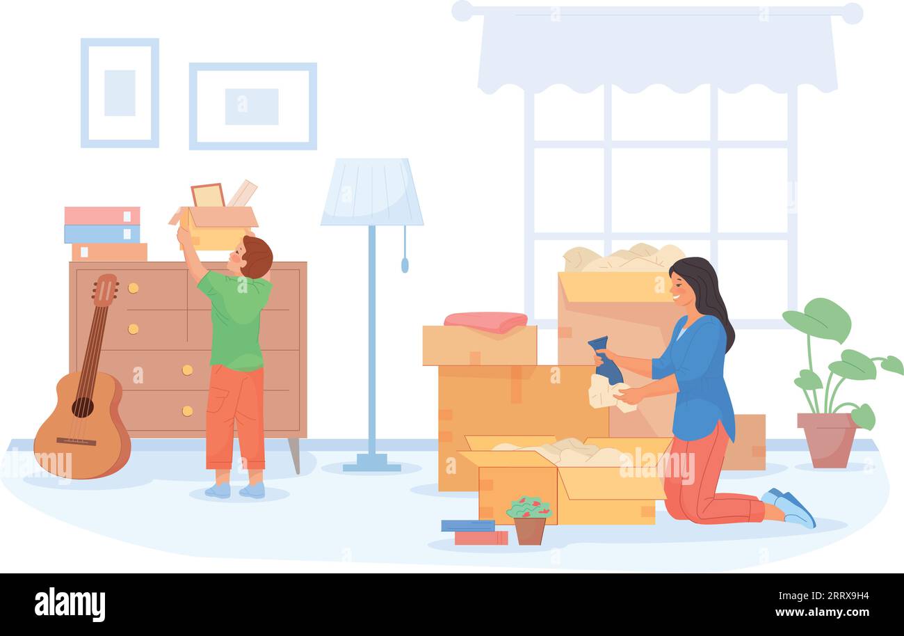 Mother and kid packing things. Family moving house isolated on white ...