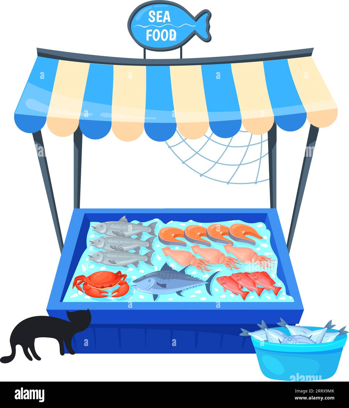 Fish stand. Cartoon street market food stall isolated on white ...