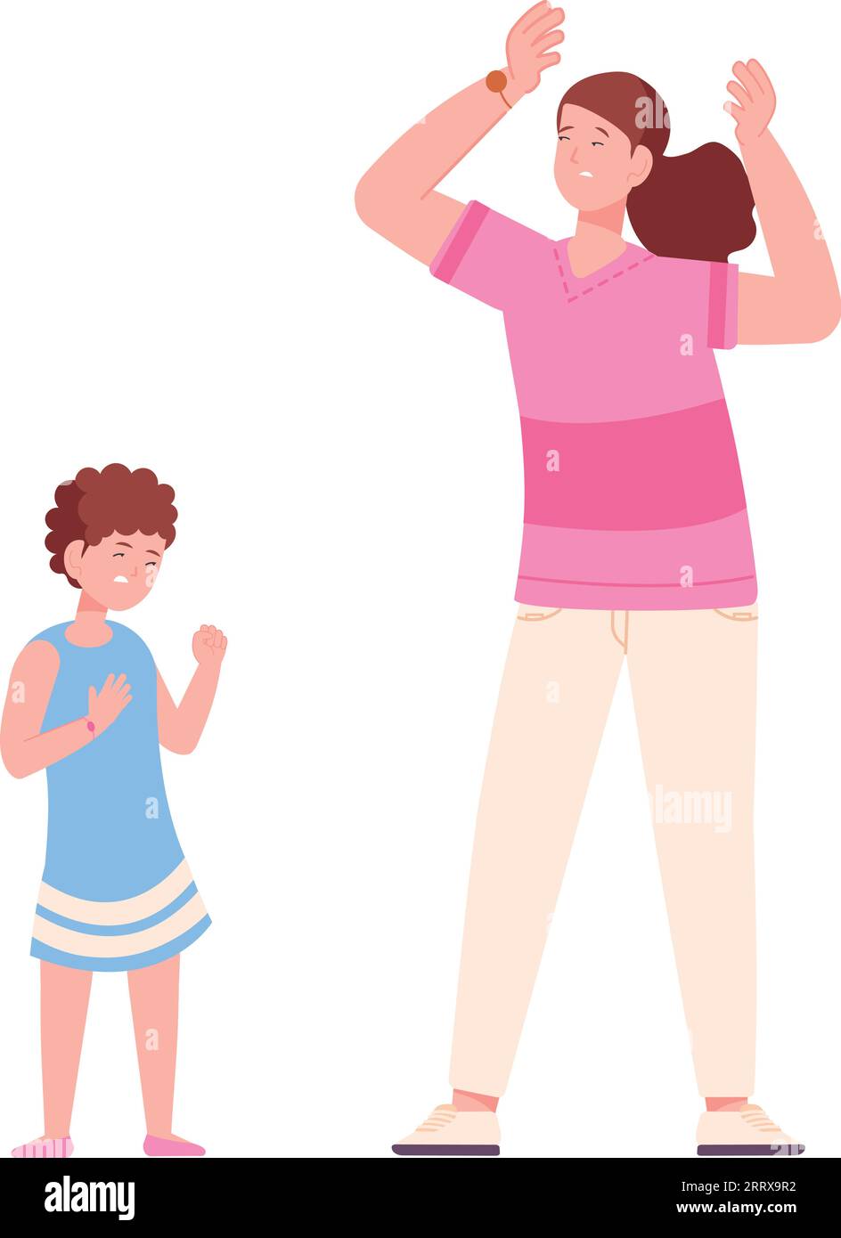 Mother daughter quarrel. Angry parent and kid arguing isolated on white ...