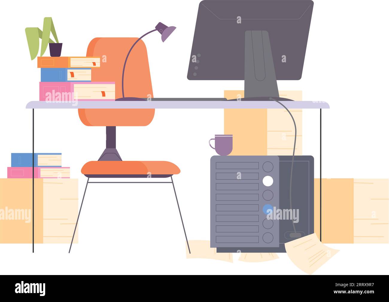 Computer workplace with books and paper sheets stack isolated on white ...