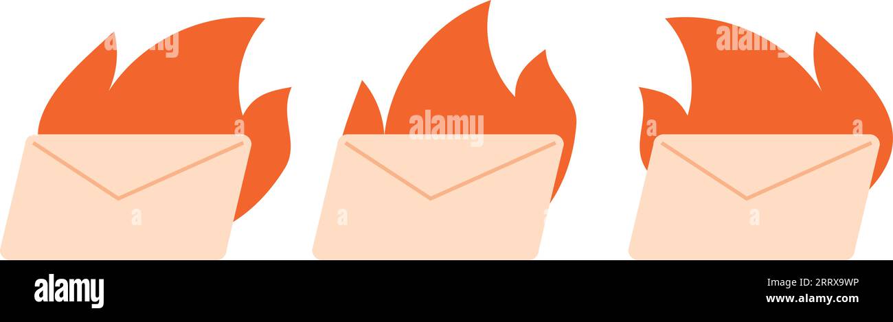 Urgent important messages icon. Mail burning in fire isolated on white ...