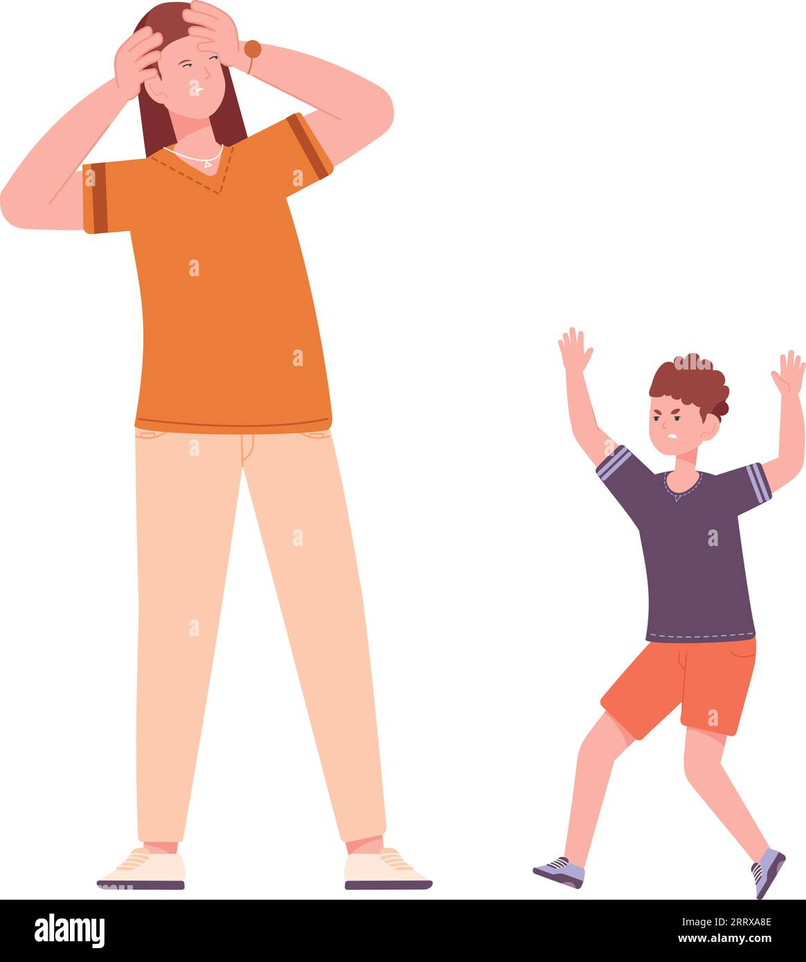 Mother and kid quarrel. Angry parent and boy argue isolated on white ...