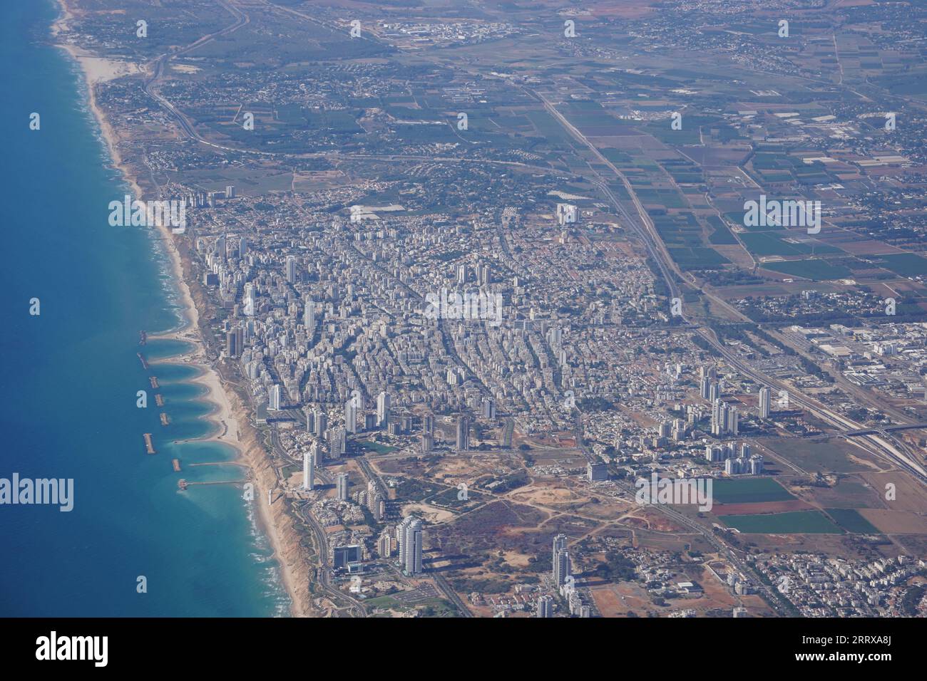 Netanya areal view from plane. It is a city in the Northern Central ...