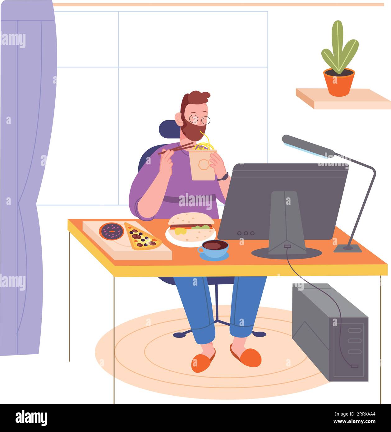 Man eat fast food on workplace. Work lunch isolated on white background ...