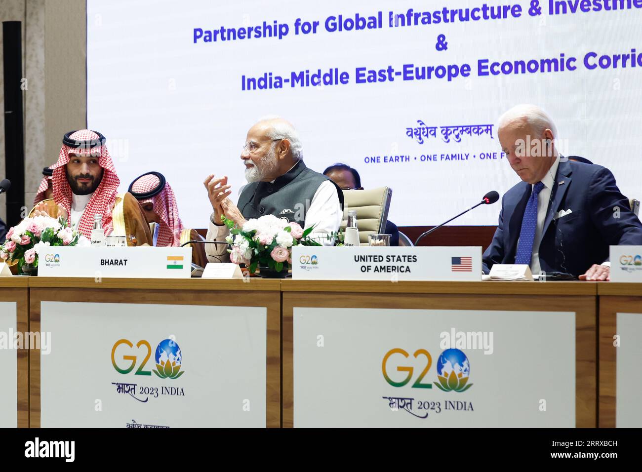 Saudi Arabian Crown Prince Mohammed bin Salman Al Saud, left, Indian Prime Minister Narendra ...