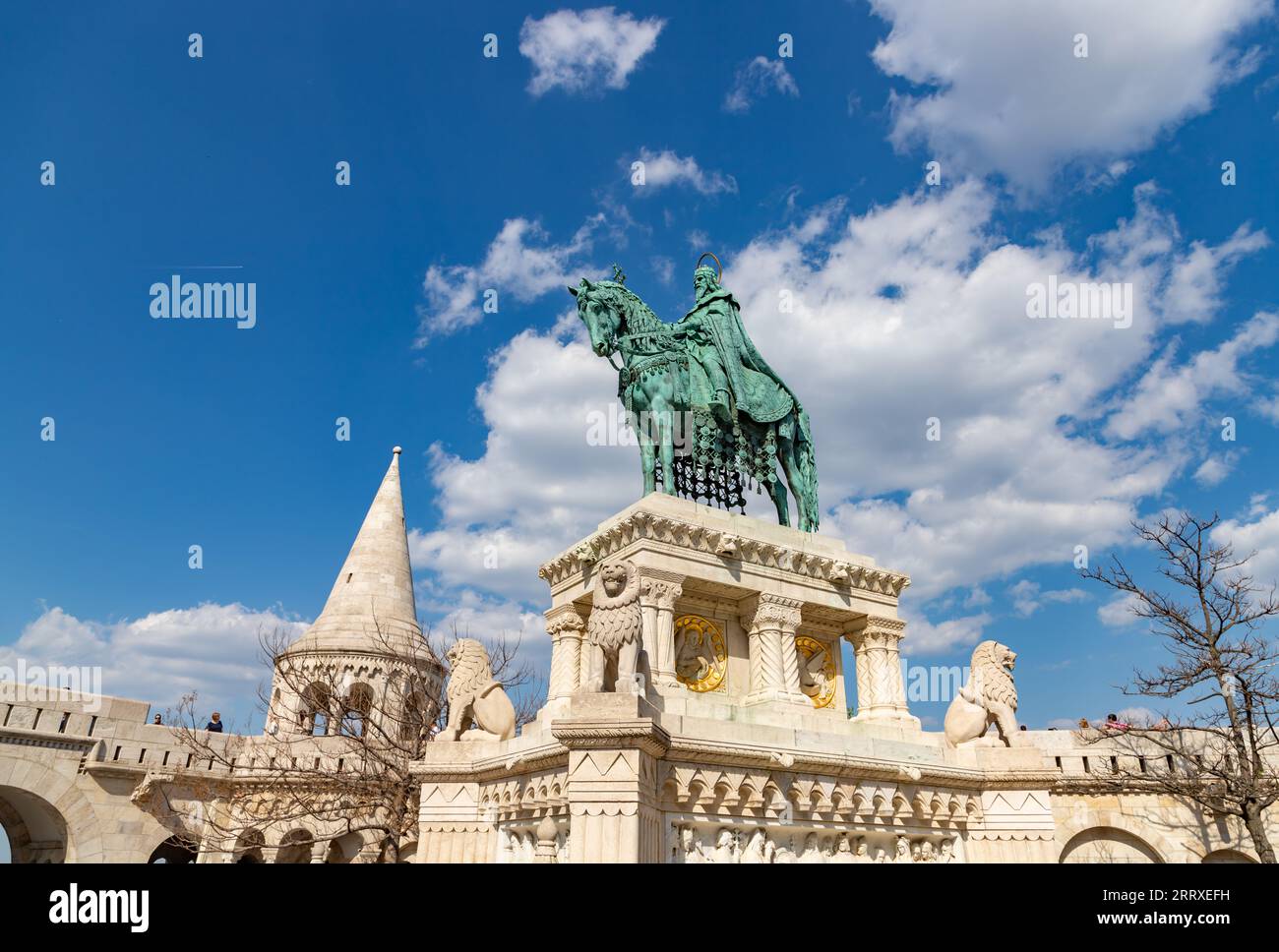 A picture of the St. Stephen Statue next to the Fisherman's Bastion ...