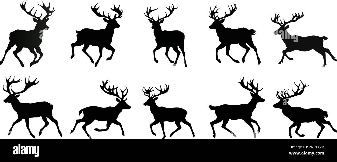 Collection of deer silhouettes - deer family. Deer in various poses ...