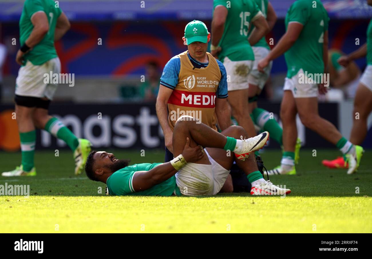 Ireland's Bundee Aki appears injured during the Rugby World Cup Pool B ...