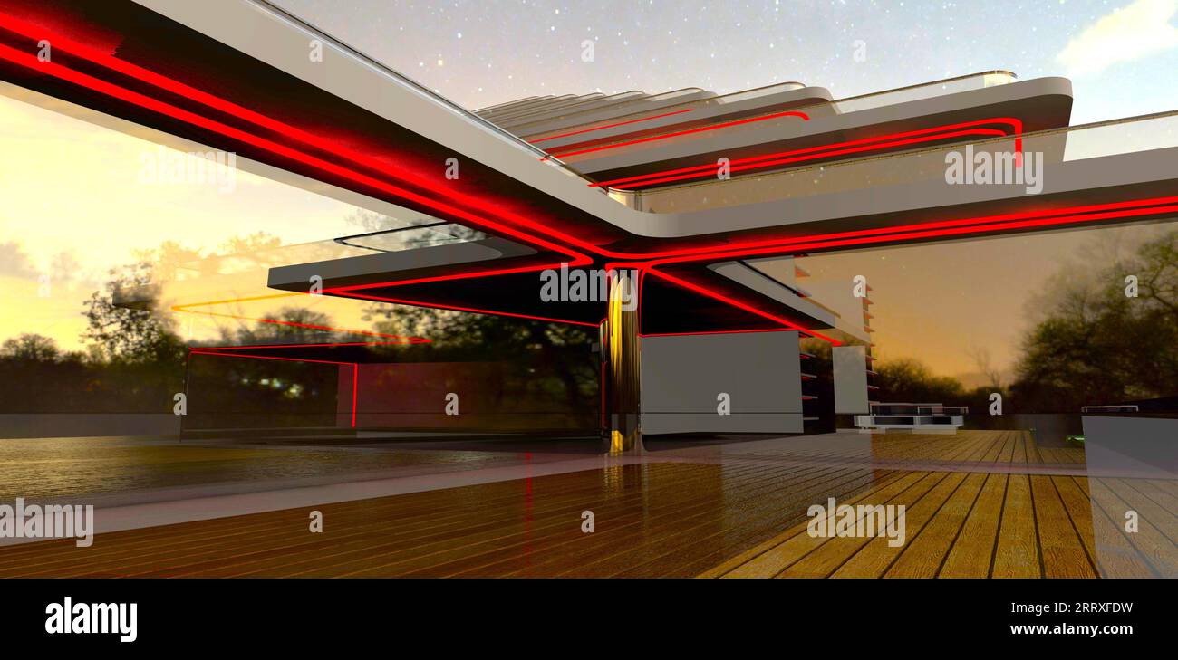 Night view of the contemporary terrace. Decked floor reflected in glass ...