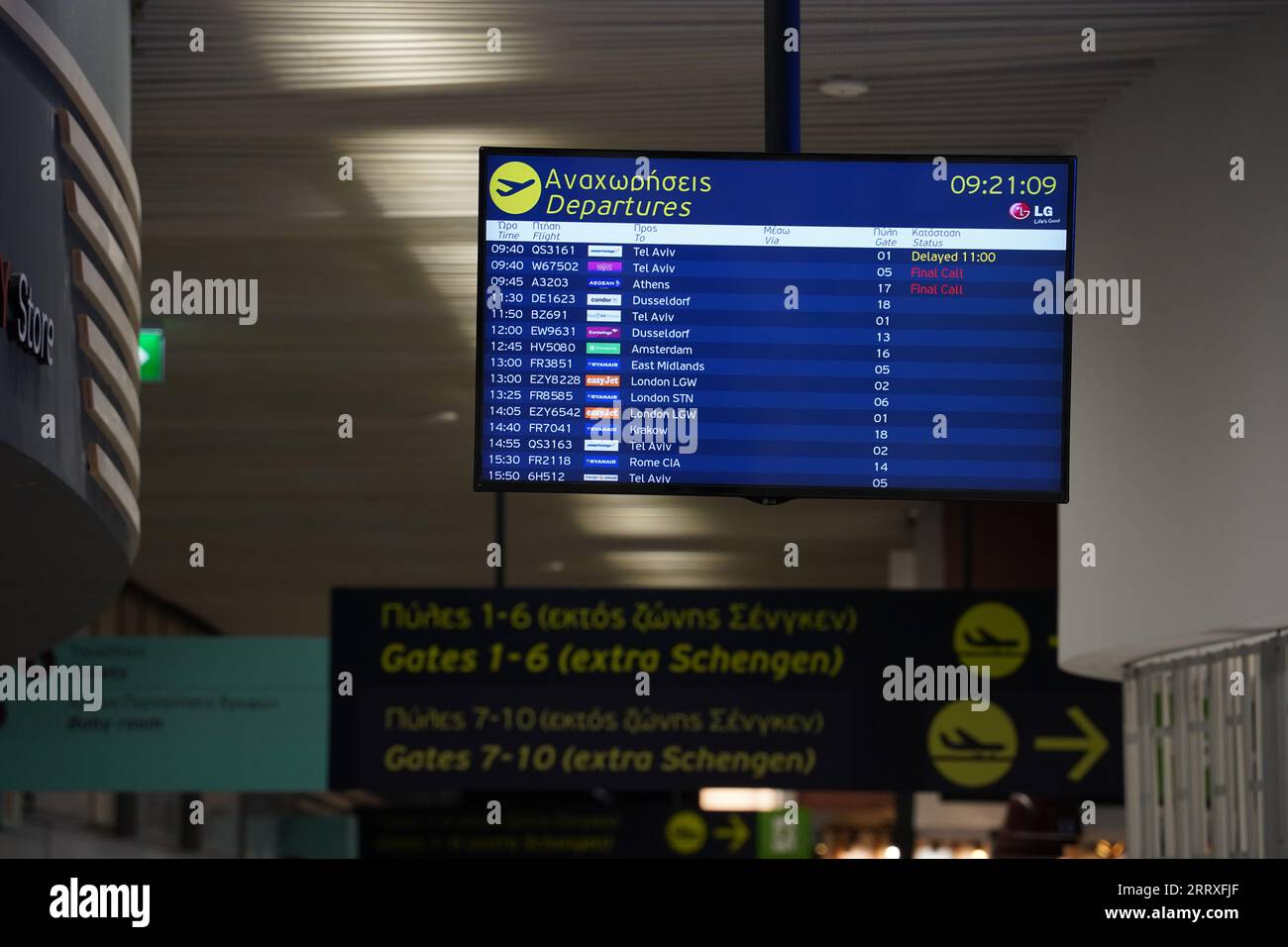 Rhodes, Greece April 06 2023: Boarding time monitor screens timetable ...
