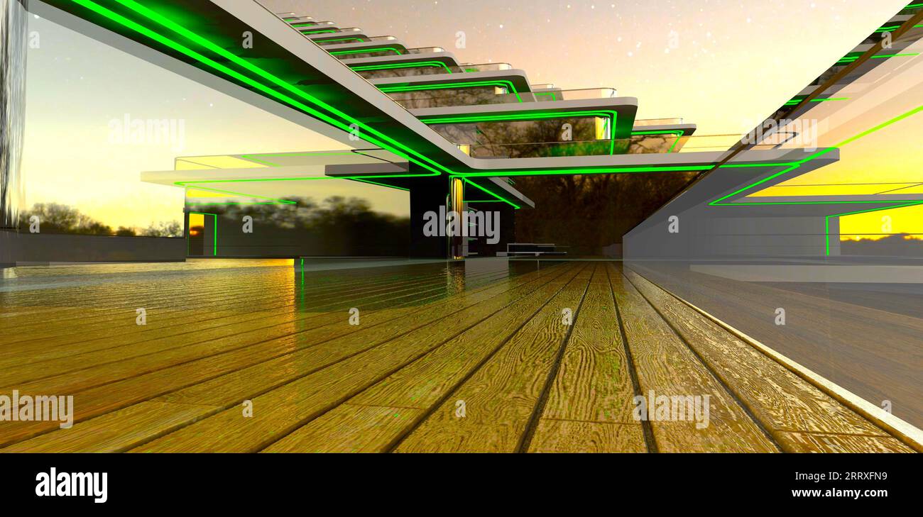 Wooden floor of the eco-friendly terrace fenced with glass. Mirror ...