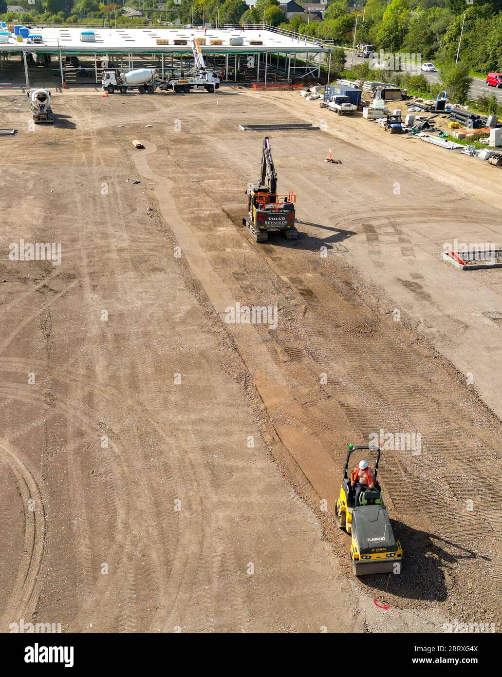 Pontyclun, Wales - 7 September 2023: Drone view of an excavator and ...