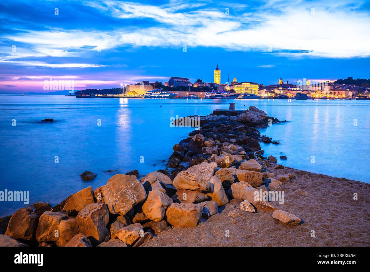 Historic town of Rab beach and architecture evening view, Island of Rab ...