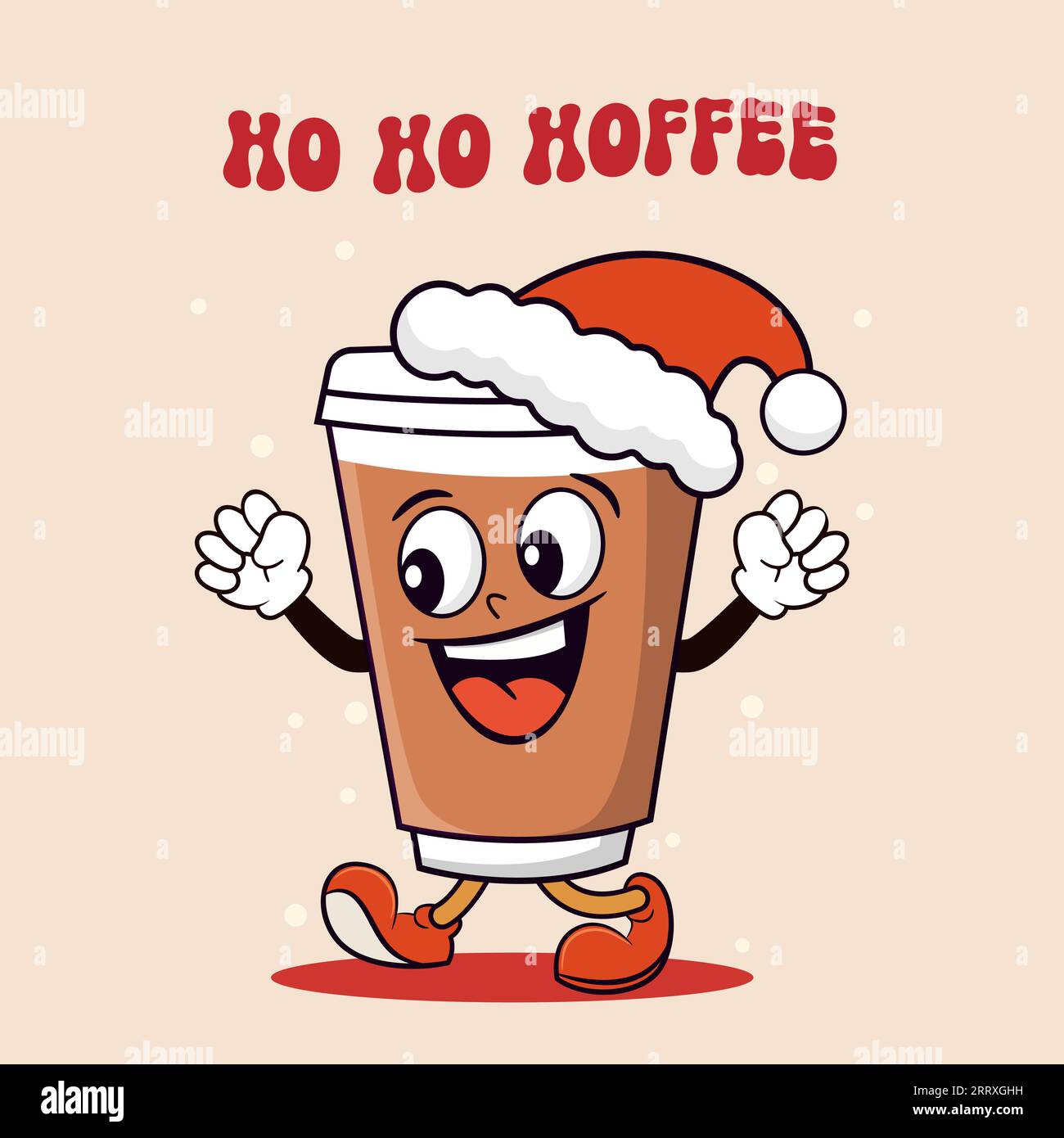 Cartoon coffee cup in santa hat with text HO HO HOFFEE, retro mascot ...